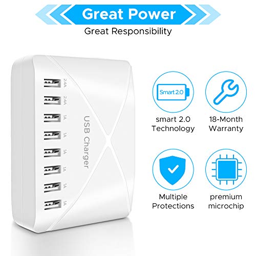 Ksing 8 Port USB Charging Station, 40W Home Desktop USB Fast Charger, Multiple USB Desktop Chargers, Suitable for Hotels, Shops, Schools, Shopping malls and Travel (UL Certification)（White）