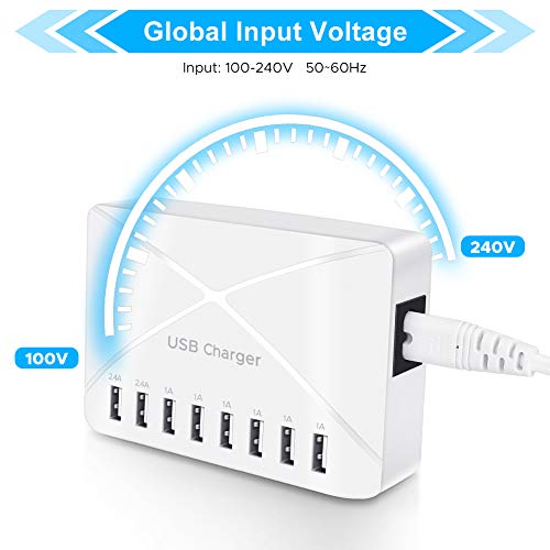 Ksing 8 Port USB Charging Station, 40W Home Desktop USB Fast Charger, Multiple USB Desktop Chargers, Suitable for Hotels, Shops, Schools, Shopping malls and Travel (UL Certification)（White）