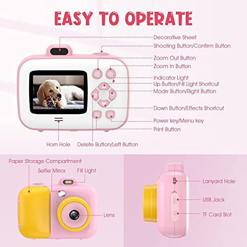 Digital Cameras for Kids Children's Camera, Digital Camera Print Instant Camera 48MP/2.7K Video Cameras with 16X Digital Zoom, 2.4 Inch Screen, 32GB Memory Card, Toy Gifts for Boys and Girls (Pink)