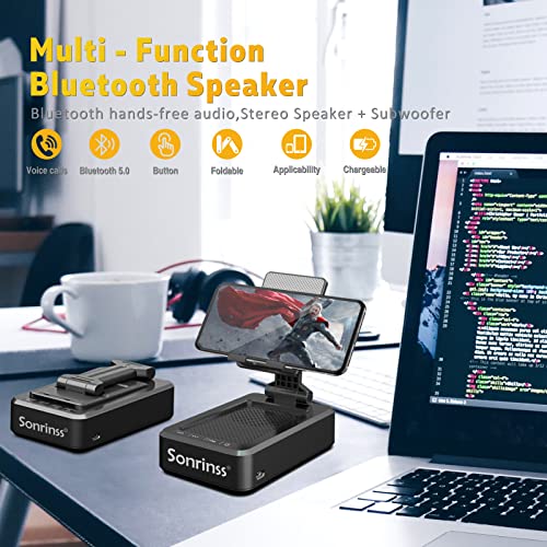 Cell Phone Stand with Wireless Bluetooth Speaker, Adjustable HD Surround Sound Cell Phone Speakers, Anti-Slip Phone Holder for Desk, Compatible with Any Smartphones, Suitable for Indoors, Outdoors