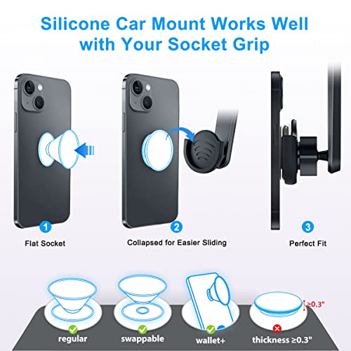 pop-tech Suction Cup Phone Holder for Socket Users, Dashboard Car Phone Mount for Collapsible Grip with Adjustable 360°Rotation, Includes 3M Sticky Adhesive Replacement for Expanding Stand - Black