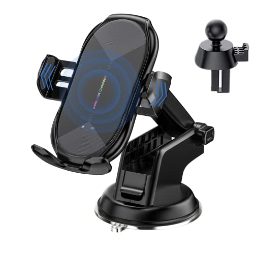 YITUMU Wireless Car Charger,15W Qi Fast Charging Auto-Clamping Car Phone Holder, Air Vent Windshield Dashboard Car Phone Mount,Long Arm Suction Cup Phone Holder for iPhone Samsung LG