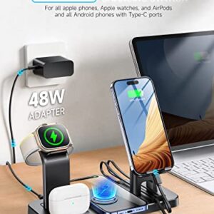 KINYELL Charging Station for Multiple Devices Apple，48W 5 in 1 Fast Wireless Charging Station for iPhone AirPods Apple Watch Charger, Gift for Men, Gift for Her Valentines Anniversary Day Black