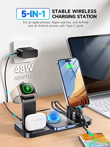 KINYELL Charging Station for Multiple Devices Apple，48W 5 in 1 Fast Wireless Charging Station for iPhone AirPods Apple Watch Charger, Gift for Men, Gift for Her Valentines Anniversary Day Black