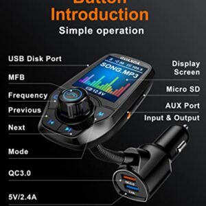 Bluetooth FM Transmitter in-Car Wireless Radio Adapter Kit W 1.8" Color Display Hands-Free Call AUX in/Out SD/TF Card USB Charger QC3.0 for All Smartphones Audio Players - RM100 Black