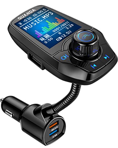 Bluetooth FM Transmitter in-Car Wireless Radio Adapter Kit W 1.8" Color Display Hands-Free Call AUX in/Out SD/TF Card USB Charger QC3.0 for All Smartphones Audio Players - RM100 Black