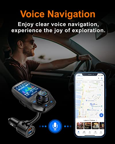 Bluetooth FM Transmitter in-Car Wireless Radio Adapter Kit W 1.8" Color Display Hands-Free Call AUX in/Out SD/TF Card USB Charger QC3.0 for All Smartphones Audio Players - RM100 Black