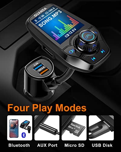 Bluetooth FM Transmitter in-Car Wireless Radio Adapter Kit W 1.8" Color Display Hands-Free Call AUX in/Out SD/TF Card USB Charger QC3.0 for All Smartphones Audio Players - RM100 Black