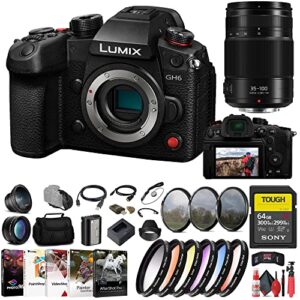 panasonic lumix gh6 mirrorless camera (dc-gh6body) + panasonic 35-100mm lens + sony 64gb tough sd card + color filter kit + filter kit + wide angle lens + telephoto lens + lens hood + more