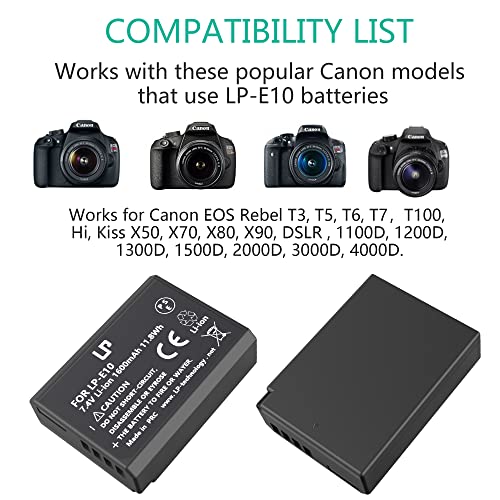 LP-E10 Battery Charger Pack, LP 2-Pack Replacement Battery & Charger Compatible with Canon EOS Rebel T7, T6, T5, T3, T100, 4000D, 3000D, 2000D, 1500D, 1300D, 1200D & More (NOT for T3i T5i T6i T7i)