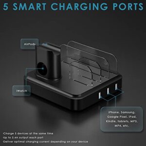 Charging Station for Multiple Devices, 5 Ports Charging Dock with 4 Cables, UL Certified Safety, Compatible with Smart Phones, Tablets, iWatch, AirPods, Earbuds