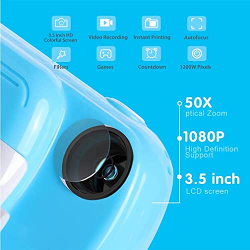 QSYY Instant Printing Camera Toys, 30MP Digital Video Camera, 1080P 3.5-Inch Eye Protection Large Screen, Children's Selfie Mini Camera with 32GB Memory Card, 3 Rolls of Paper,Blue