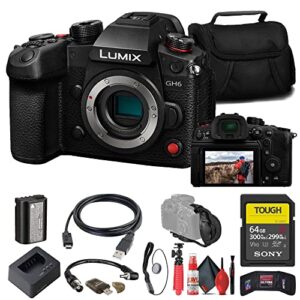 panasonic lumix gh6 mirrorless camera (dc-gh6body) + sony 64gb tough sd card + card reader + case + flex tripod + hand strap + memory wallet + cap keeper + cleaning kit