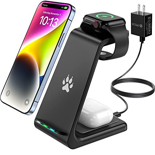 CUCICU Wireless Charger, 3 in 1 Wireless Charging Station Compatible with iPhone 14/13 Pro/13/12/11/Pro/SE/XS/XR/8 Plus,Fast Wireless Charging Stand Dock for Apple Watch, Airpods 3/2/Pro(w/Adapter)