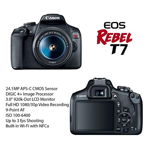 Canon EOS Rebel T7 DSLR Camera + Canon EF-S 18-55mm + Canon 75-300mm & 500mm Telephoto Lens + Wide Angle & Telephoto Lens + Macro Filter Kit + 64GB Memory + Accessory Kit (Renewed)