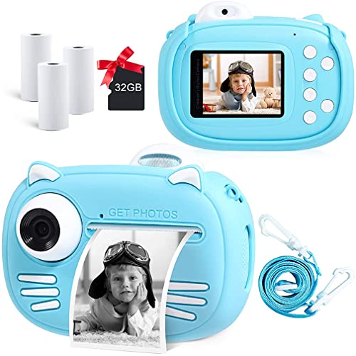 QSYY Children's Instant Camera 40MP Dual Lens 2.4 Inch Screen 32G Memory Card 33 Rolls of Printing Paper Colored Pencil Backpack Lanyard,Blue