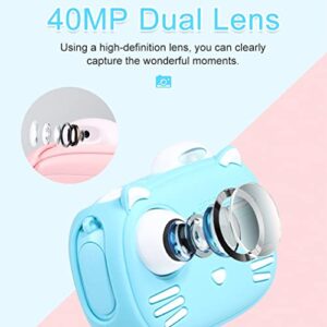 QSYY Children's Instant Camera 40MP Dual Lens 2.4 Inch Screen 32G Memory Card 33 Rolls of Printing Paper Colored Pencil Backpack Lanyard,Blue