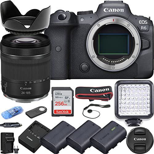 Camera Bundle for Canon EOS R6 Mirrorless Camera with RF 24-105mm f/4-7.1 is STM Lens, 3 Batteries, LED Light, 256Gb High Speed Memory Card + Accessories Kit