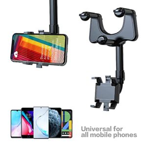 VAGURFO Rear View Mirror Phone Holder Mount,Multifunctional 360° Rear View Mirror Phone Holder with Swivel and Adjustable Clips,Universal Smartphone Cradle, Black