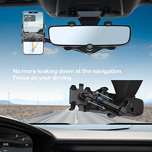 VAGURFO Rear View Mirror Phone Holder Mount,Multifunctional 360° Rear View Mirror Phone Holder with Swivel and Adjustable Clips,Universal Smartphone Cradle, Black