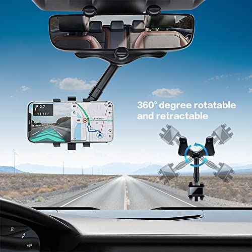 VAGURFO Rear View Mirror Phone Holder Mount,Multifunctional 360° Rear View Mirror Phone Holder with Swivel and Adjustable Clips,Universal Smartphone Cradle, Black