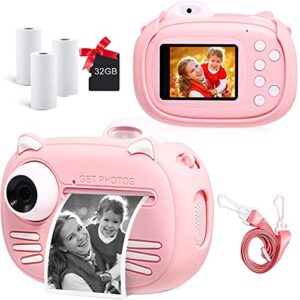 qsyy children’s instant camera 40mp dual lens 2.4 inch screen 32g memory card 33 rolls of printing paper colored pencil backpack lanyard,pink