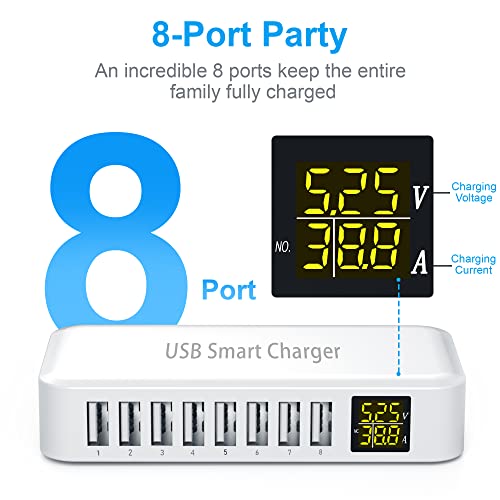 USB Charging Station, Ziwodiv 8-Port 60W/12A USB Charger Station, Multi Ports USB-A Charging Hub with LED Display, Compact Desktop Charger for Multiple Devices, iPhone iPad Samsung Android and Tablet