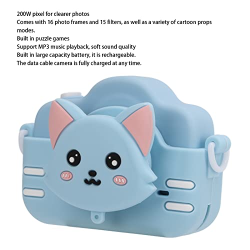 Kids Cartoon Camera Toy, Multifunctional 2 Inch Screen High Definition Rechargeable 2MP Cute Kids Photo Video Camera for Gifts(Single Shot Blue)