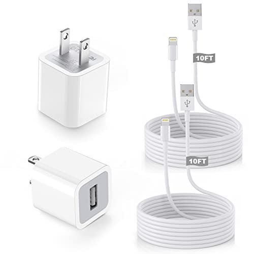 Apple Charger, 【Apple MFi Certified】 2Pack 10FT Long Lightning Cable iPhone Charging Cords & Fast Quick USB Wall Charger Travel Plug Adapter Compatible with iPhone 14/13/12/11/11 Pro/XS/XR/X/8/7/6/SE