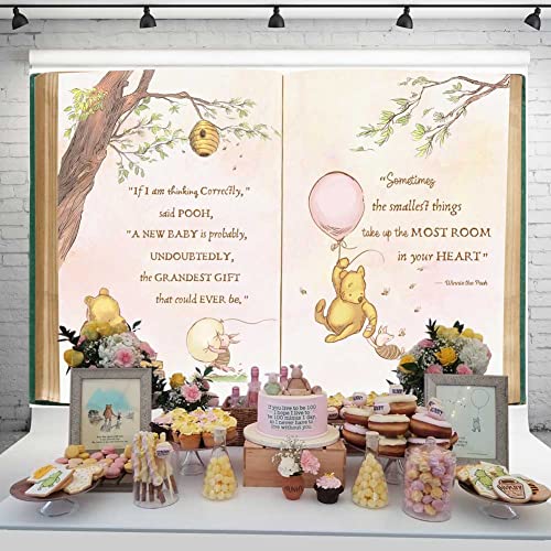 Vintage Pooh Bear Baby Shower Backdrop for Girl Retro Giant Book Spring Tree Classic Background Newborn Quote Pink Yellow Tinge Banner 7x5 ft 137