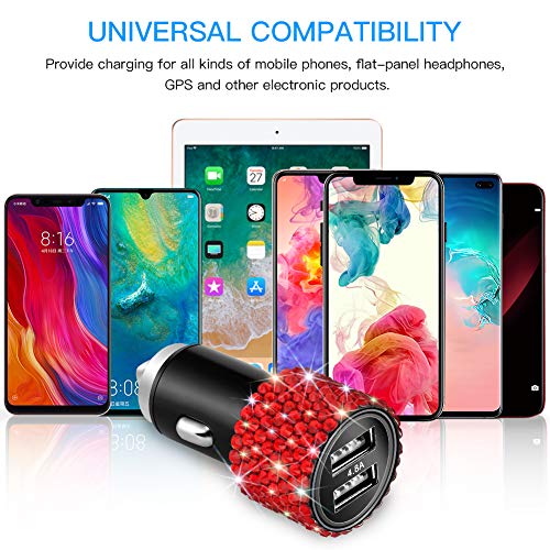 OTOSTAR Dual USB Car Charger, 4.8A Output, Bling Crystal Diamond Car Decorations Accessories Fast Charging Adapter for iPhones Android iOS, Samsung Galaxy, LG, Nexus, HTC (Red)