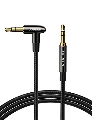 UGREEN 3.5mm Audio Cable Hi-Fi Sound Stereo Nylon Braided Male to Male Aux Cord 90 Degree Aux Cable Gold Plated Compatible with iPod iPad Tablets Headphone Speakers Home Car Stereos, 3FT