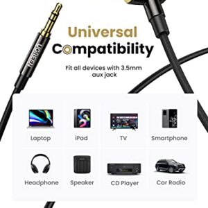 UGREEN 3.5mm Audio Cable Hi-Fi Sound Stereo Nylon Braided Male to Male Aux Cord 90 Degree Aux Cable Gold Plated Compatible with iPod iPad Tablets Headphone Speakers Home Car Stereos, 3FT