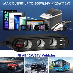 Cigarette Lighter Splitter 3 Socket, 200W Cigarette Lighter Adapter with 20W PD3.0 USB C Car Charger, 18W QC3.0 Voltmeter Switch Outlet 12V/24V for Mobile Phone GPS Dash Cam