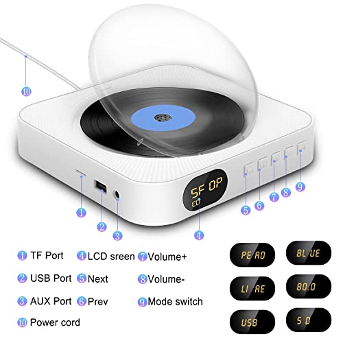 CD Player Portable with Bluetooth - Wall Mountable & Desktop Stand CD Players Music Player Home Audio Boombox with Remote Control FM Radio Built-in HiFi Speakers LCD Display MP3 Headphone AUX Jack