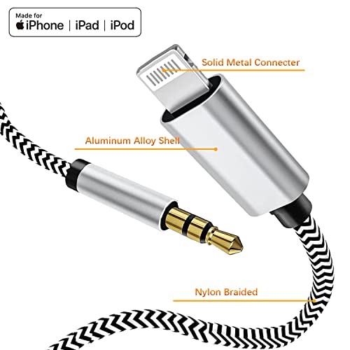 Aux Cord for iPhone, [Apple MFi Certified] Lightning to 3.5mm AUX Auxiliary Cable for Car Stereo, Headphone, Home Speaker Compatible with iPhone 14 13 12 11 XS XR X 8 7 6 Silver 3.3FT