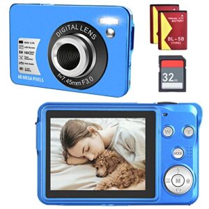 digital camera for kids, 2.7k digital camera for teens, boys and girls, 16x digital zoom camera with 32gb sd card and 2 batteries (blue)