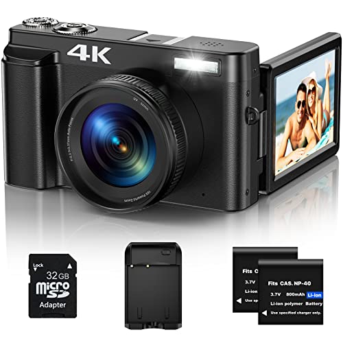 Vlogging Camera, 4K 48MP Digital Camera for Photography with 3” 180 Degree Flip Screen, Autofocus Vlogging Camera for YouTube with 16X Digital Zoom, 32G SD Card, 2 Batteries & Battery Charger