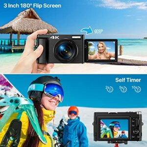 Vlogging Camera, 4K 48MP Digital Camera for Photography with 3” 180 Degree Flip Screen, Autofocus Vlogging Camera for YouTube with 16X Digital Zoom, 32G SD Card, 2 Batteries & Battery Charger