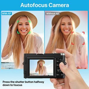 Vlogging Camera, 4K 48MP Digital Camera for Photography with 3” 180 Degree Flip Screen, Autofocus Vlogging Camera for YouTube with 16X Digital Zoom, 32G SD Card, 2 Batteries & Battery Charger