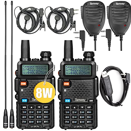 Ham Radio UV-5R Pro 8W Dual Band Two Way Radio with Handheld Speaker Mic and Antenna 2Pack and Programming Cable