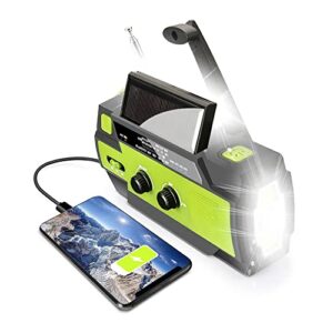 【upgraded】 emergency weather radio, hand crank, 4000mah, portable, solar charging, with am/fm/noaa, 3 led flashlights, motion sensor, reading lamp, sos alarm, rechargeable (green)