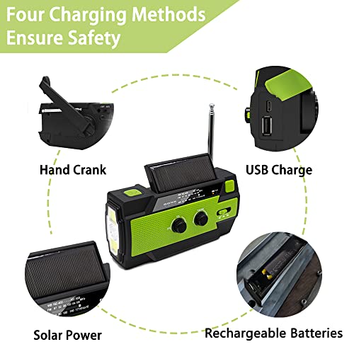 【Upgraded】 Emergency Weather Radio, Hand Crank, 4000mAH, Portable, Solar Charging, with AM/FM/NOAA, 3 LED Flashlights, Motion Sensor, Reading Lamp, SOS Alarm, Rechargeable (Green)