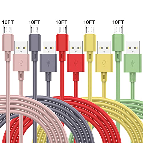 Micro USB Cable(10FT 5Pack) Android Charger TPE Cable Charger Long Android Phone Charger Cord for Samsung Galaxy S7 S6 Edge J7 S5 Note 5 4 LG G4 K40 K20 MP3 Nokia Sony Quick Data Cord