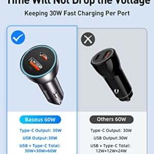 Baseus USB C Car Charger, 60W PPS QC3.0&PD3.0 PD27W Type C Car Charger, Dual Port Independent Fast Charging Phone Car Charger for iPhone 14/13/12/11Pro Max XS X, Samsung S22/S21 Ultra, iPad Pro/Air