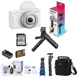 sony zv-1f vlogging camera, white bundle with accvc1 vlogger accessory kit, shotgun mic, tripod, shoulder bag, extra battery, charger, screen protector, cleaning kit