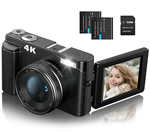 4K Digital Camera, 48MP Autofocus Video Camera with 3" 180°Flip Screen 32GB SD Card, 16X Digital Zoom, Compact Recorder Vlogging Cameras for YouTube with Built-in Mic, 2 Batteries for Beginners