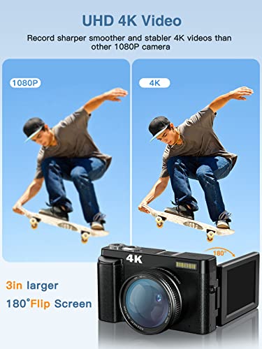 4K Digital Camera, 48MP Autofocus Video Camera with 3" 180°Flip Screen 32GB SD Card, 16X Digital Zoom, Compact Recorder Vlogging Cameras for YouTube with Built-in Mic, 2 Batteries for Beginners