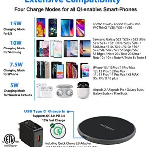 Wireless Charger for Samsung Galaxy S23/S23 Ultra/S22/S22+/S22 Ultra/S21/S21+/S21 Utral/S20/S20+/S10/S10+/S9/S9+/S8/S8+/S7/S6, Wireless Charging Pad with QC 3.0 Adapter and 6.6ft USB-C Cable, Black.