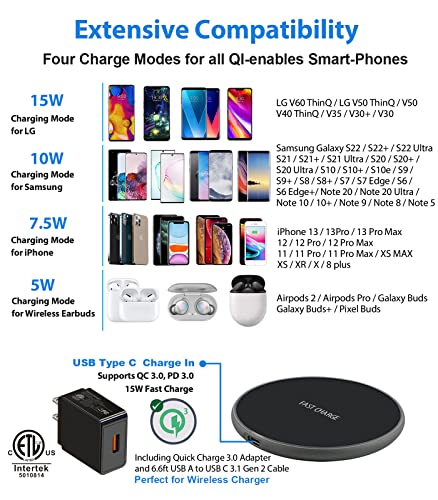 Wireless Charger for Samsung Galaxy S23/S23 Ultra/S22/S22+/S22 Ultra/S21/S21+/S21 Utral/S20/S20+/S10/S10+/S9/S9+/S8/S8+/S7/S6, Wireless Charging Pad with QC 3.0 Adapter and 6.6ft USB-C Cable, Black.